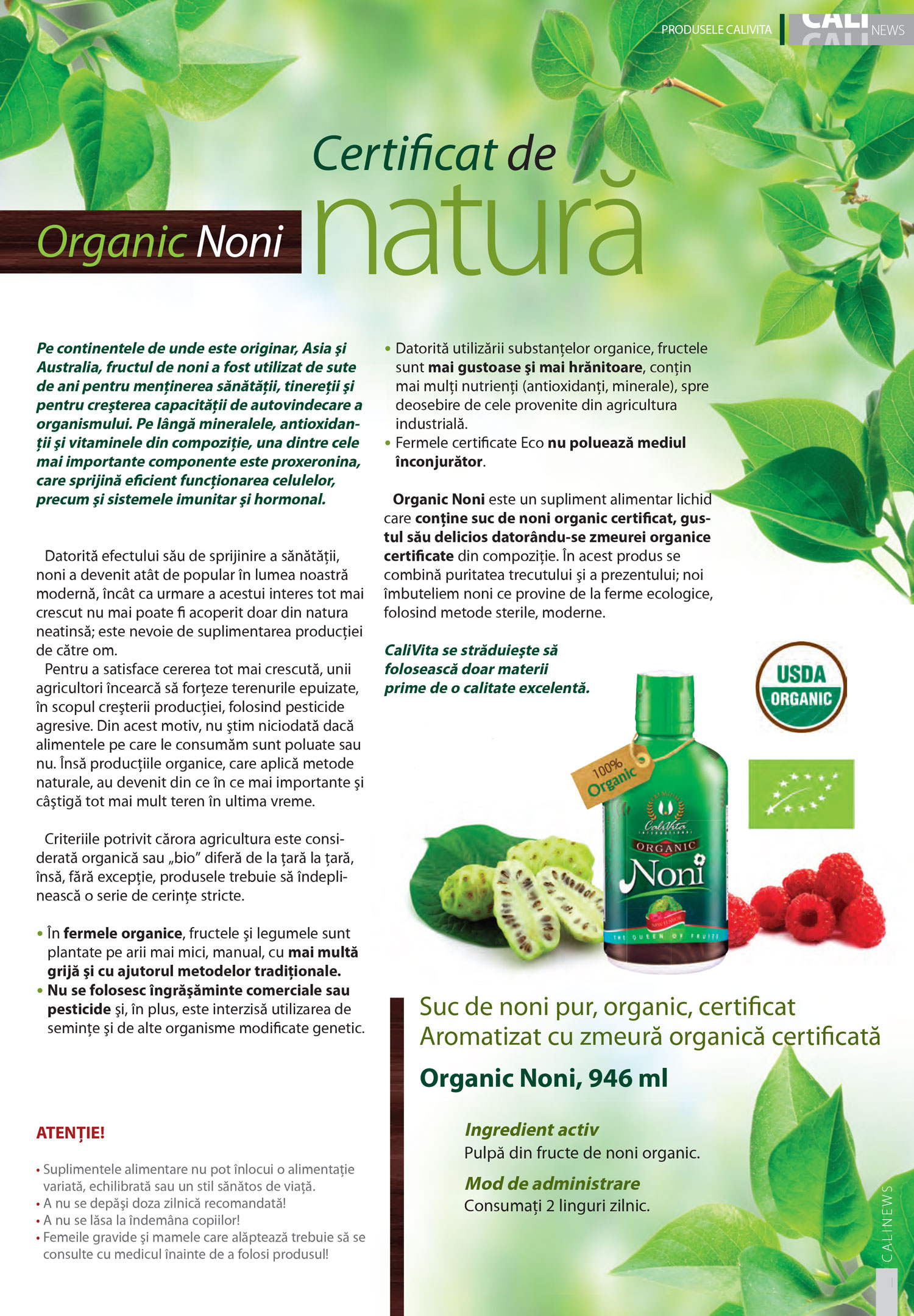 Noni Organic Calivita. Prospect, pret, beneficii, recomandari,
